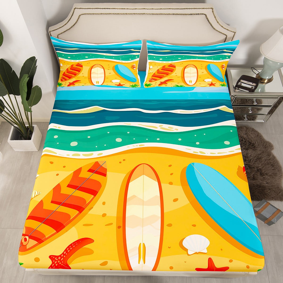 YST Kids Summer Holiday Full Fitted Sheet Ocean Wave Bedding, Tropical Beach Bed Sheets ...