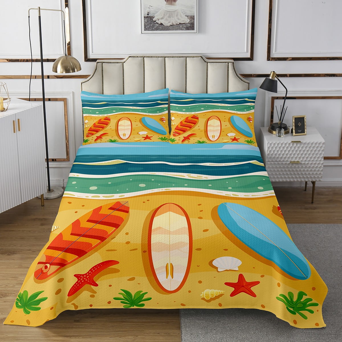 Summer Holiday Queen Quilt Set Ocean Wave Coverlet Set, Tropical Beach ...