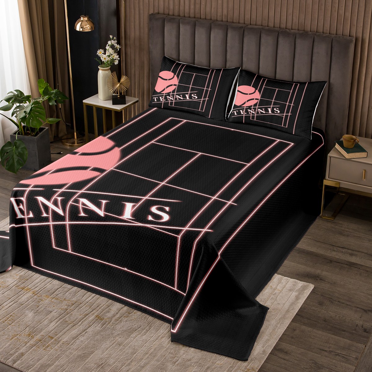 Tennis Queen Quilt Set Pink Coverlet Set, Ball Gamer Bedding Set Sport ...