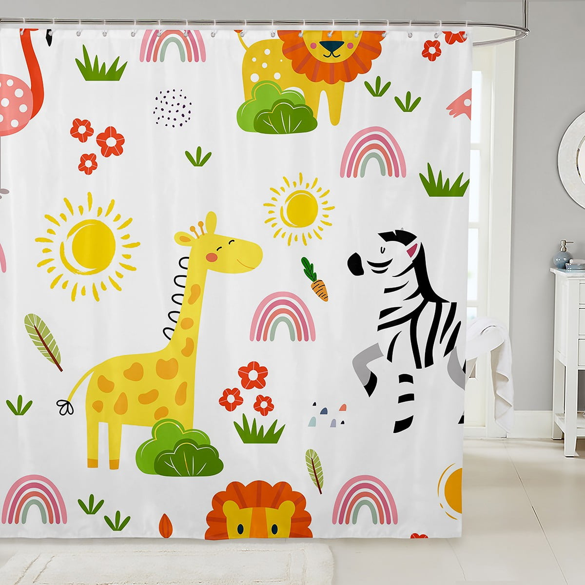 Tropical Animal Bathroom Shower Curtain Sets Cute Lion Giraffe Zebra ...