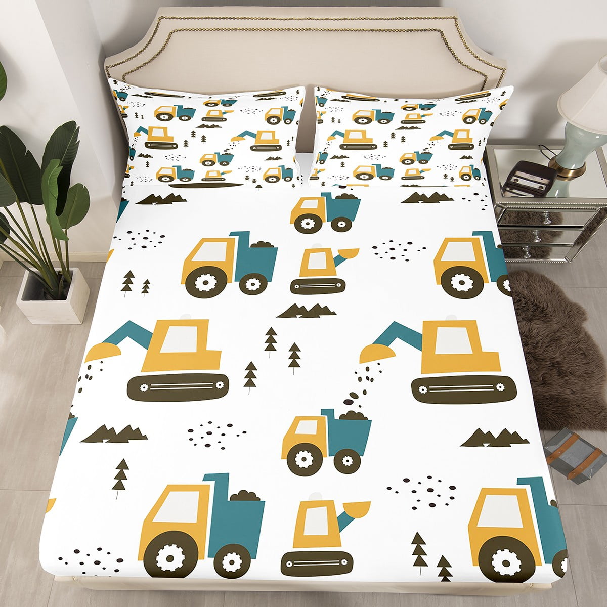 YST Kids Truck Bed Sheets for Boys Construction Vehicle Fitted Sheet ...
