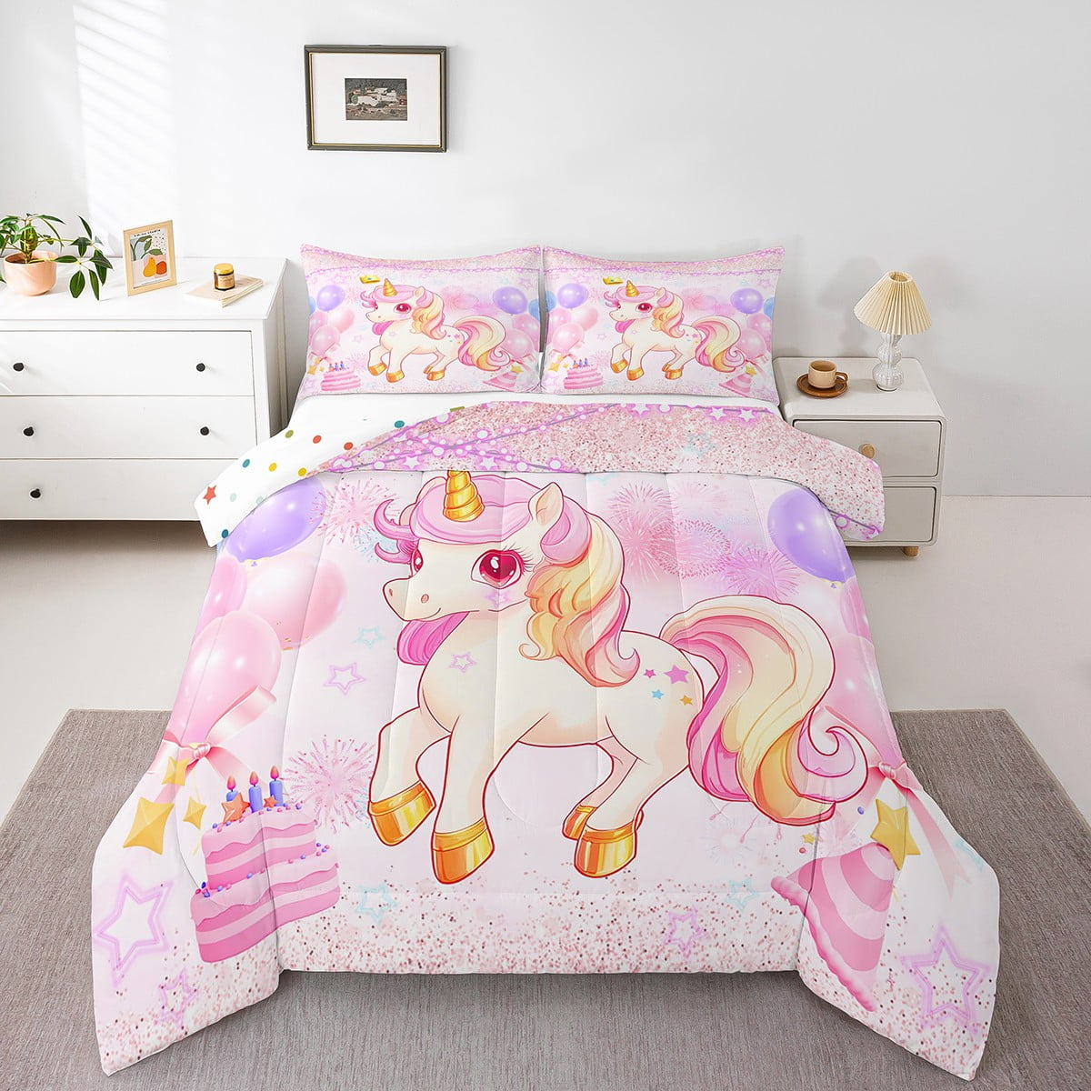 YST Kids Unicorn Comforter Sets Toddler Size,Cartoon Pink Rainbow Unicorn Bedding Sets for Girls ...