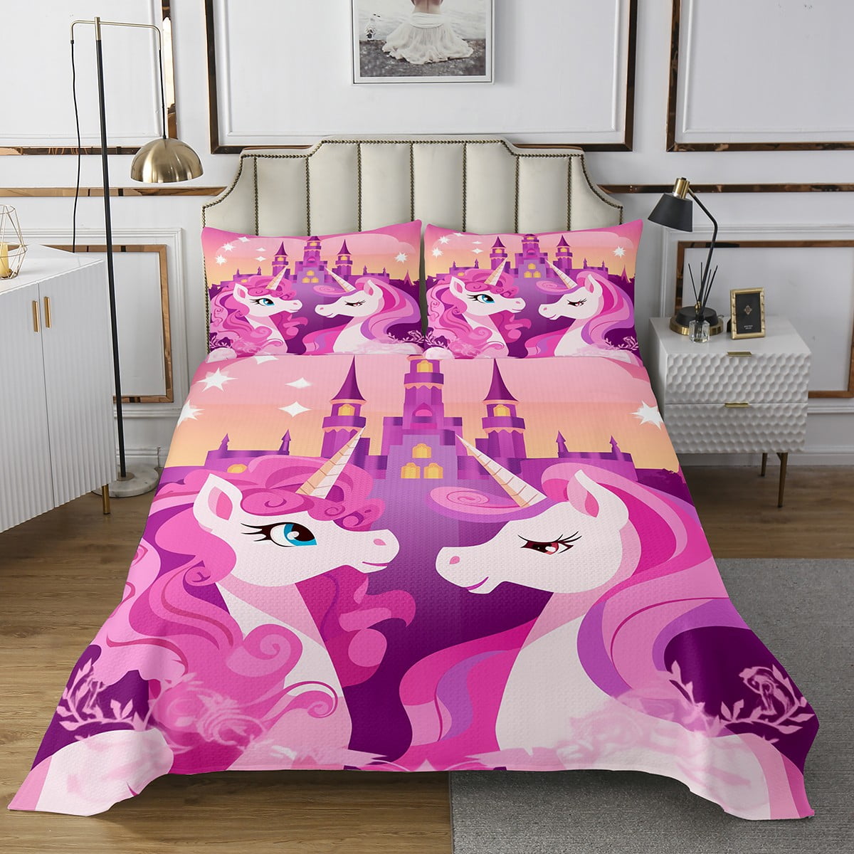 YST Kids Unicorn Coverlet Set Twin Pink Purple Castle Bedspread Setfor ...