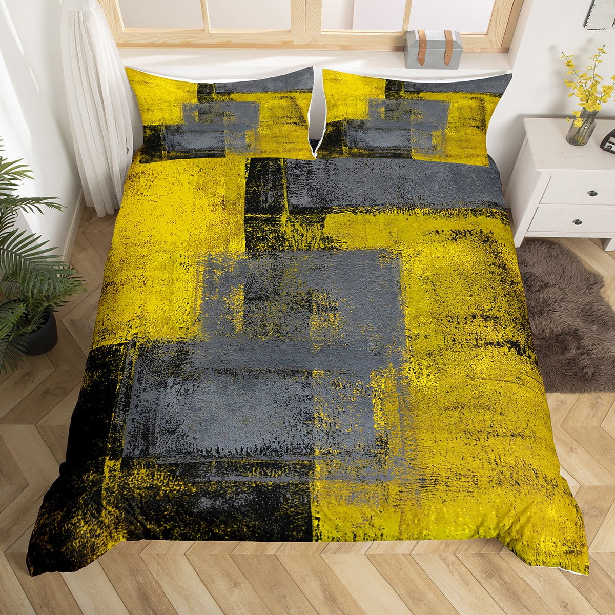YST Kids Watercolor Ombre Duvet Cover Queen Yellow Black Dark Grey Gray ...