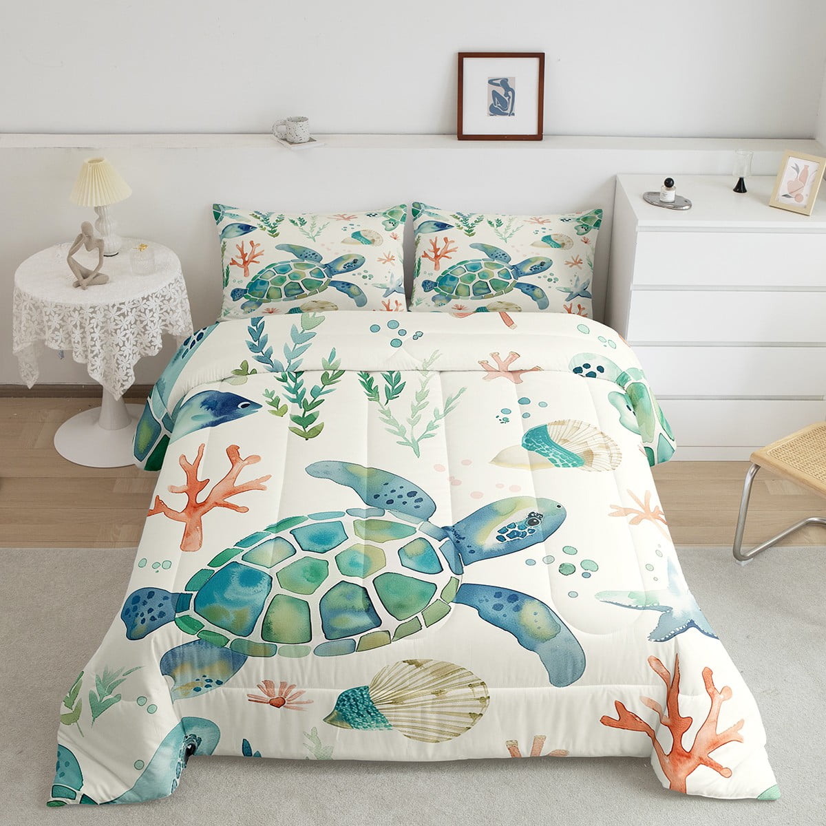 Watercolor Sea Turtle Twin Bedding Sets Cartoon Wildlife Comforter Set ...