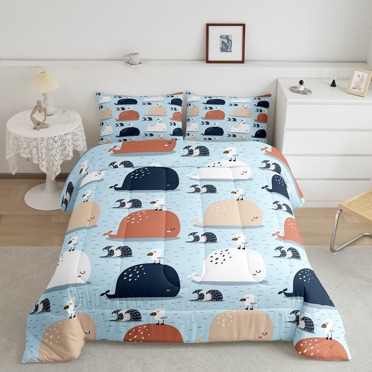 YST Kids Whale Bedding Set Full Size, Kawaii Whale Seagull Comforter ...