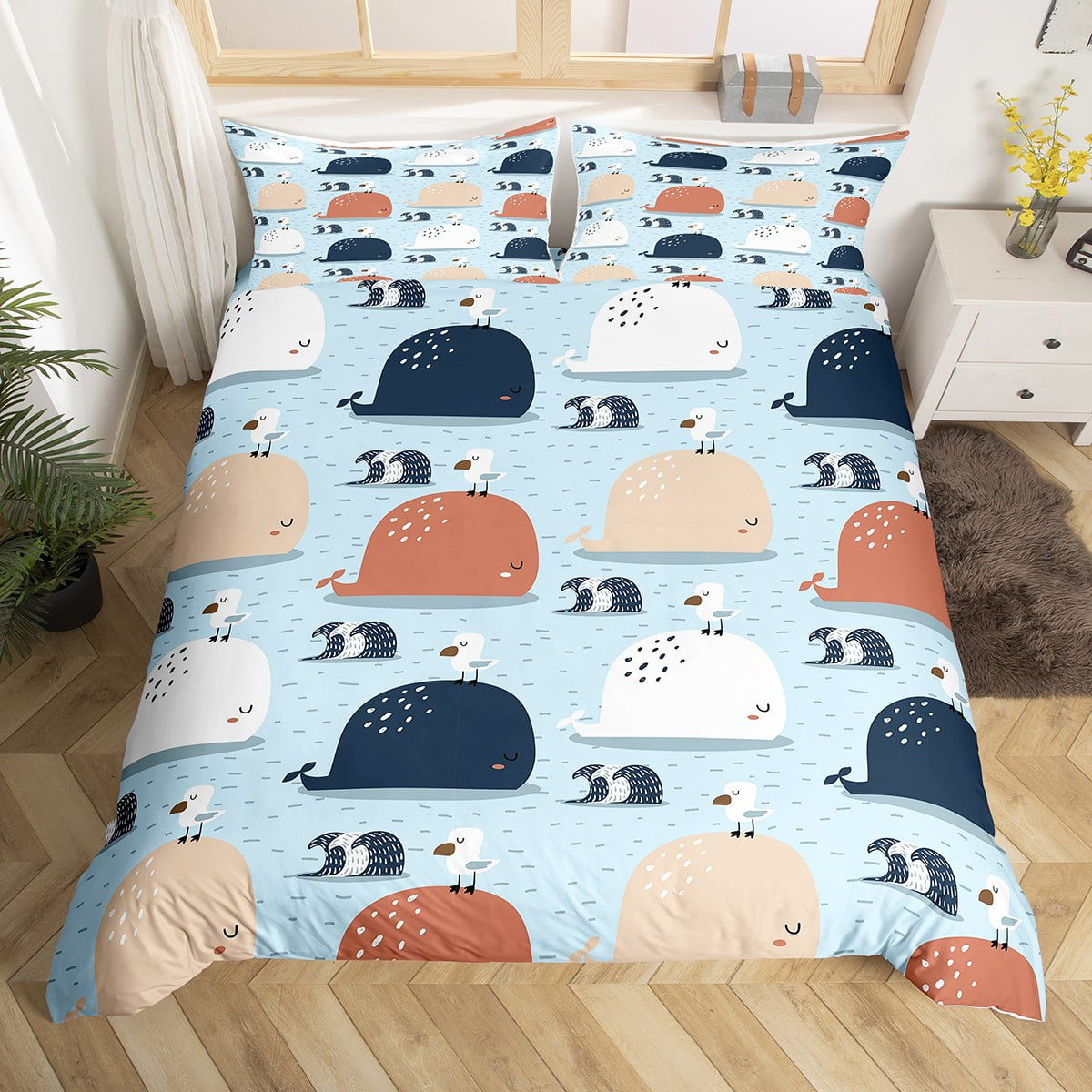 Erosebridal Whale Comforter Cover King, Kawaii Whale Seagull Duvet ...