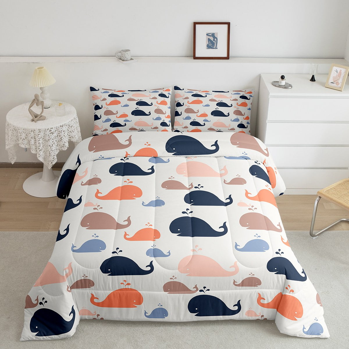 Erosebridal Whale Comforter Set Queen, Cute Whale Marine Life Bedding, Colorful Cartoon Fish ...