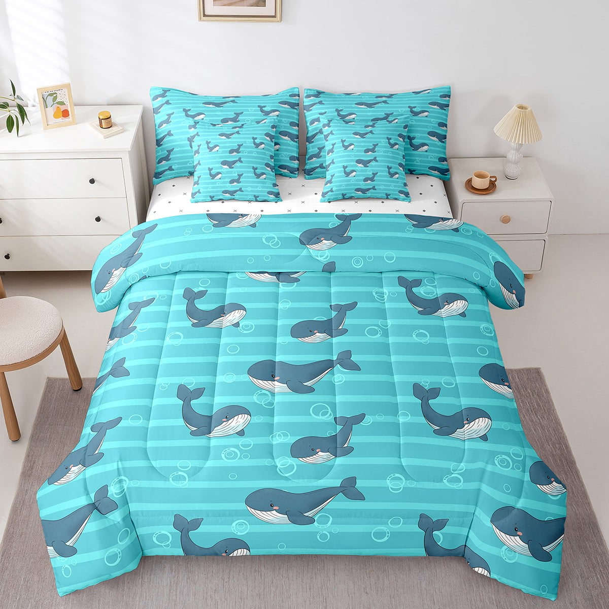 Whale Comforter Set Queen,Sea Animal Bedding Set,Cute Cartoon Whale 7 ...