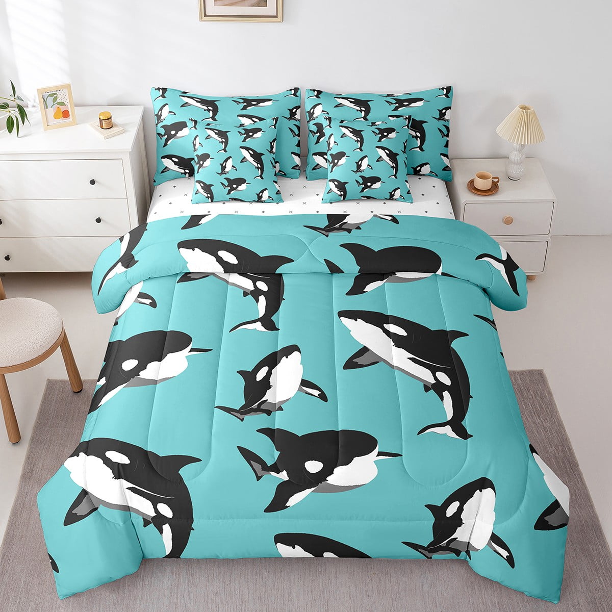 Killer Whale 7 Piece Bed in a Bag Queen,Cartoon Killer Whale Comforter ...