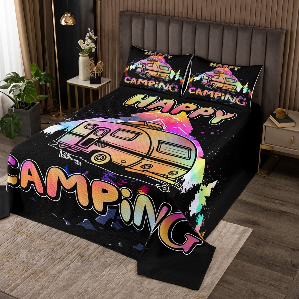 King Coverlet Set - Happy Camping Theme With Rv Camper Decor | Soft ...