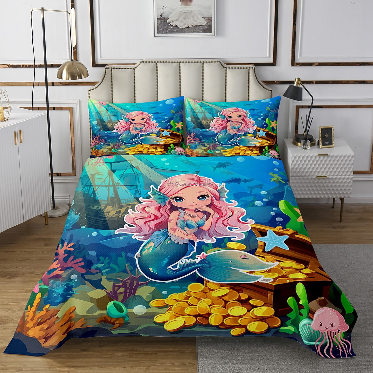 YST King Mermaid Bed Set for Girls,Kawaii Mermaid Princess Bedding Set ...
