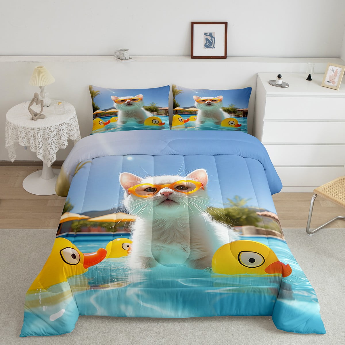 King Size Funny Cat Comforter Set,Cute Cat Swim Bedding Set,Pet Animals ...