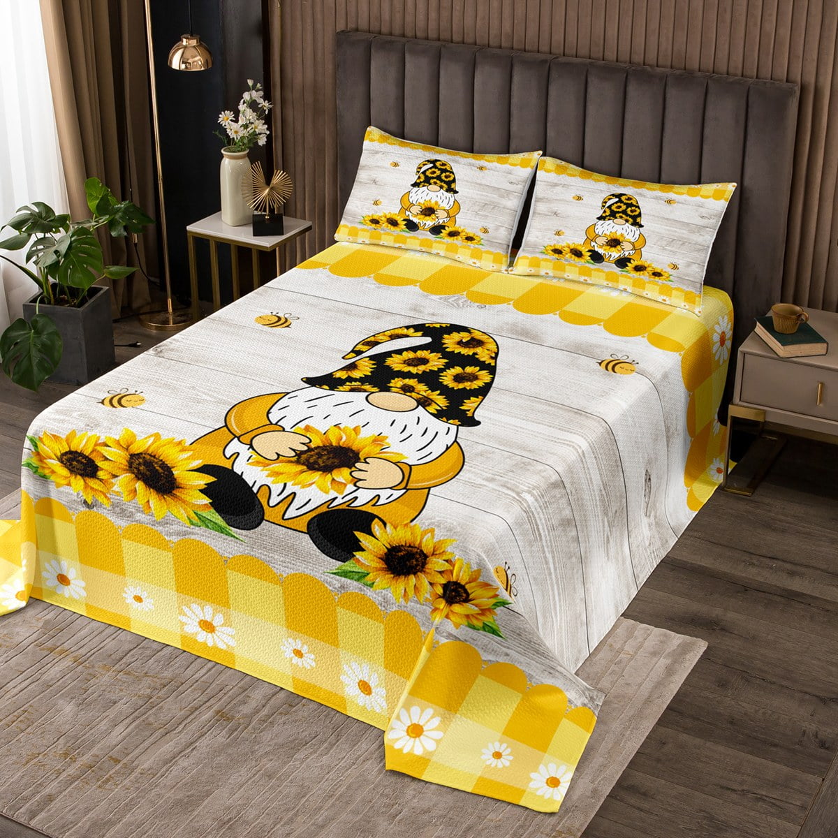 YST King Size Sunflower Gnome Quilt Set,Cartoon Yellow Floral Bedspread ...