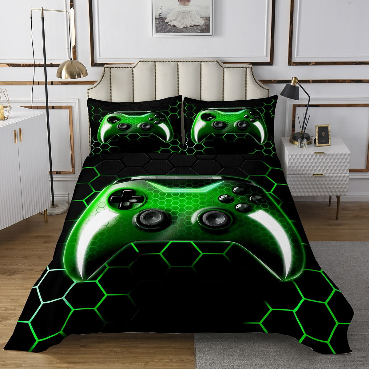 King Size Gamer Bedspread Set for Gaming Gamepad Quilt Set Neon Lights ...
