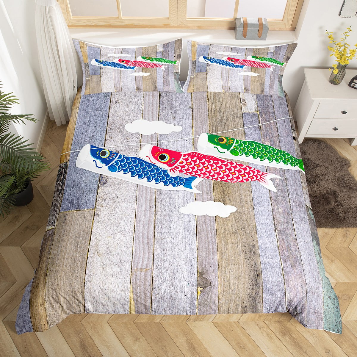 YST Koi Fish Duvet Cover Queen, Japanese Style Bedding Set, Rustic ...