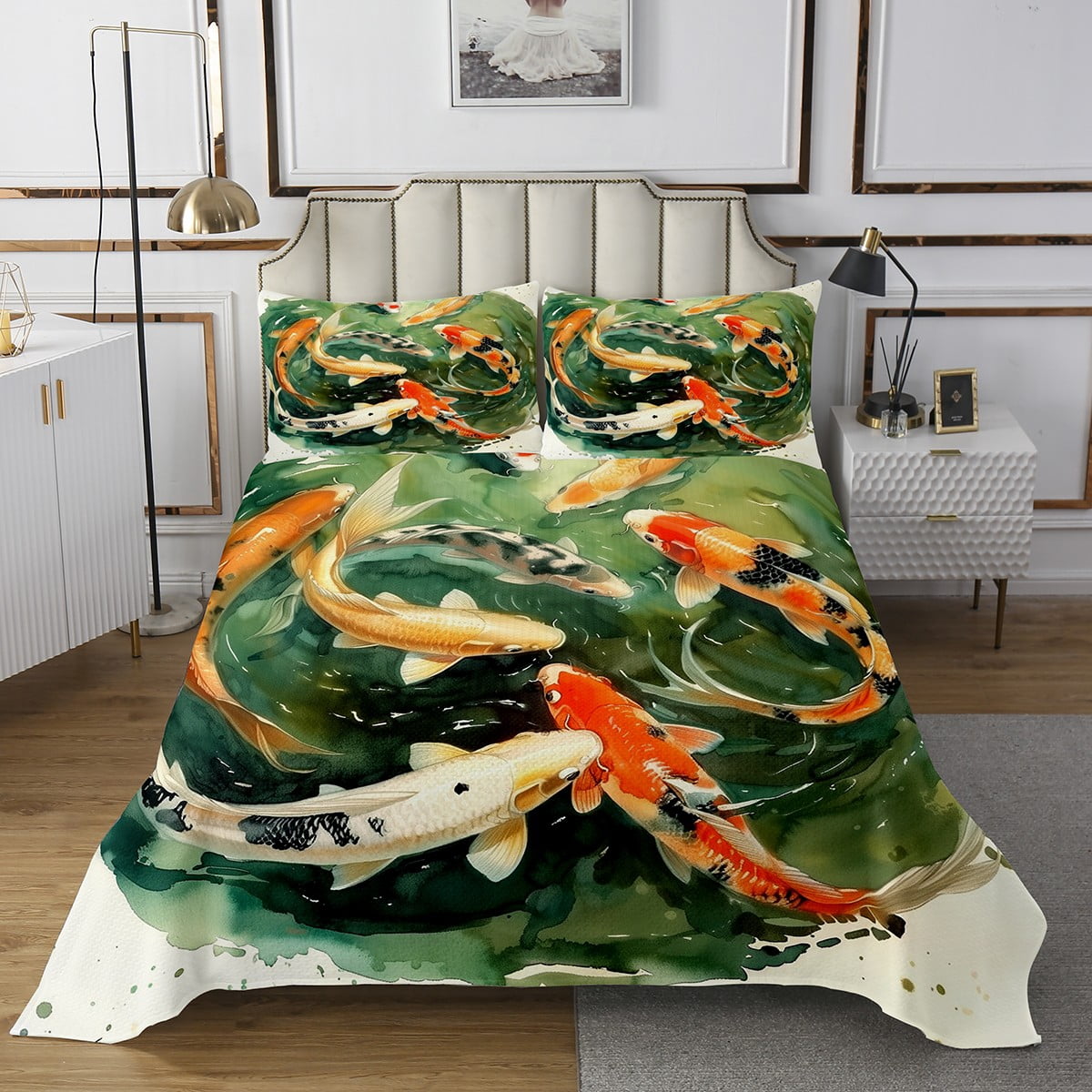 YST Koi Fish Queen Quilt Set Oriental Japanese Coverlet Set, Watercolor ...