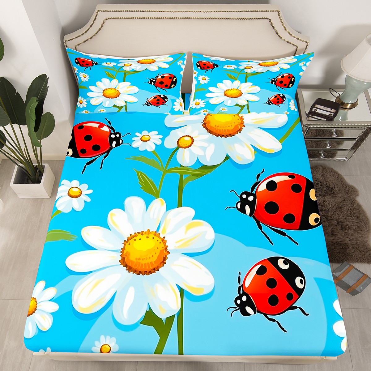 YST Ladybug Bedding Set Full Size, Red Ladybird Fitted Sheet Reptile Daisy Flower Bed Sheets For ...