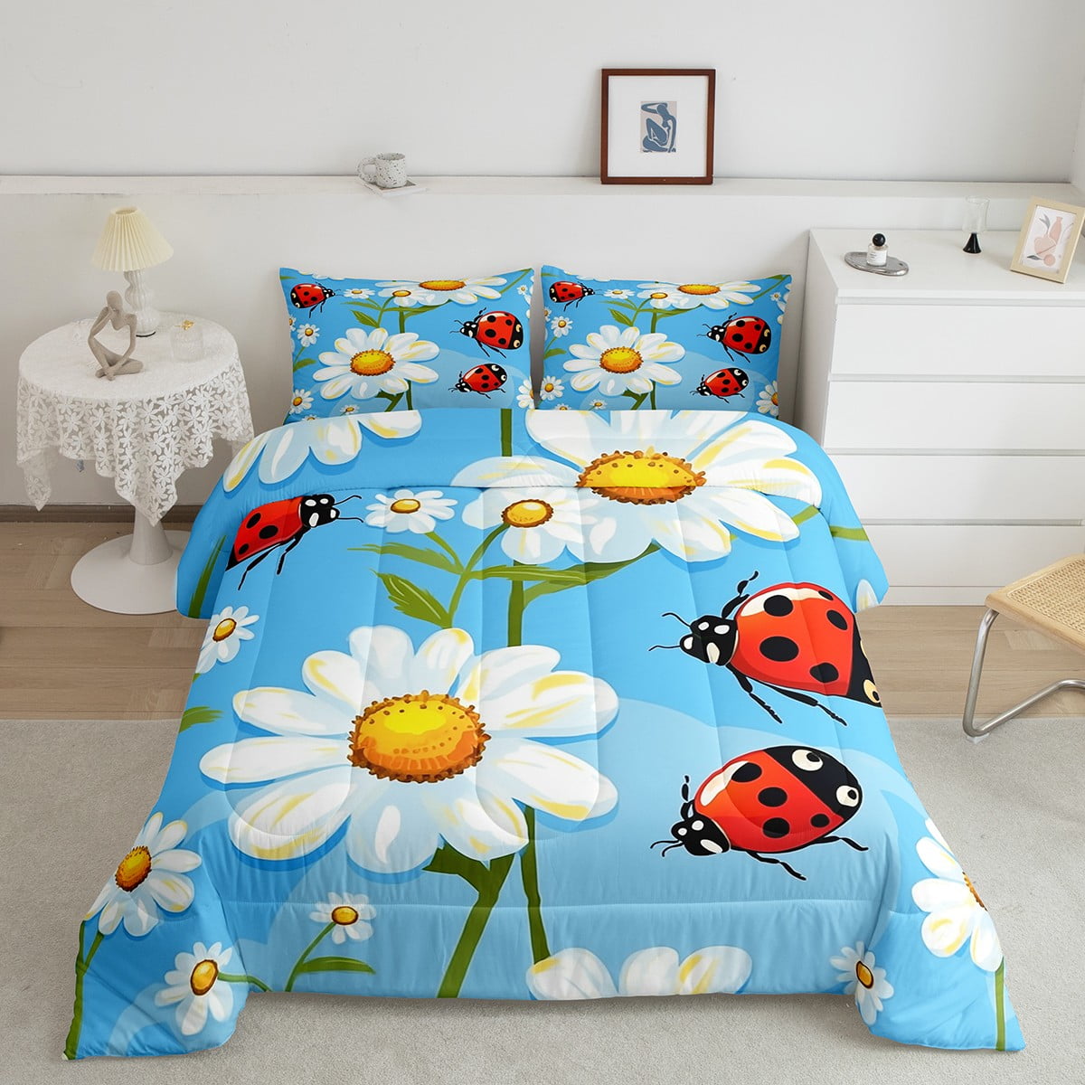Ladybug Bedding Set King Size, Red Ladybird Comforter Set Reptile Daisy ...