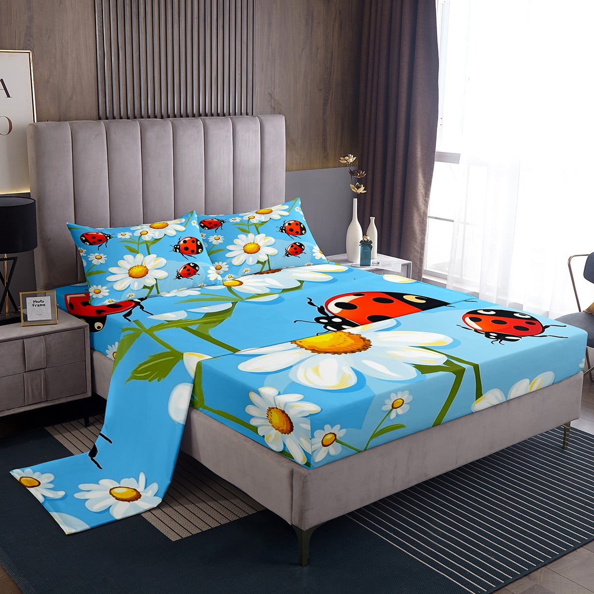 YST Ladybug Sheet Set Full Size, Red Ladybird Bed Sheets Reptile Daisy ...