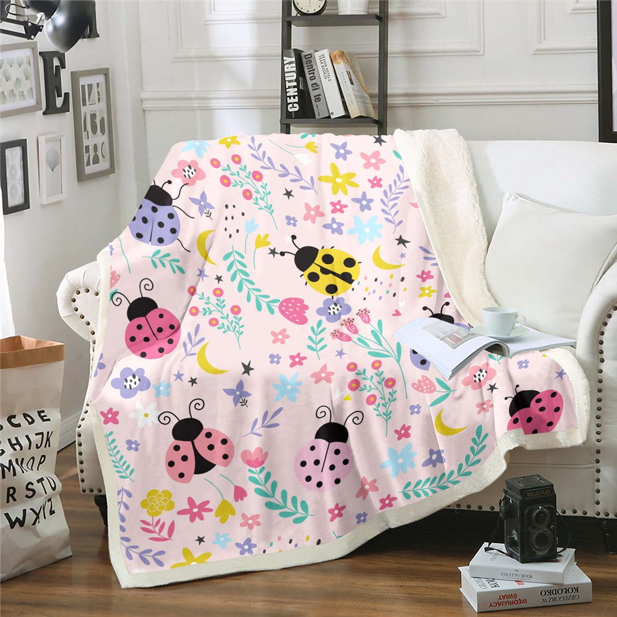 Ladybug Throw Blanket Pink Floral and Animal Fleece Blanket Throw Size ...