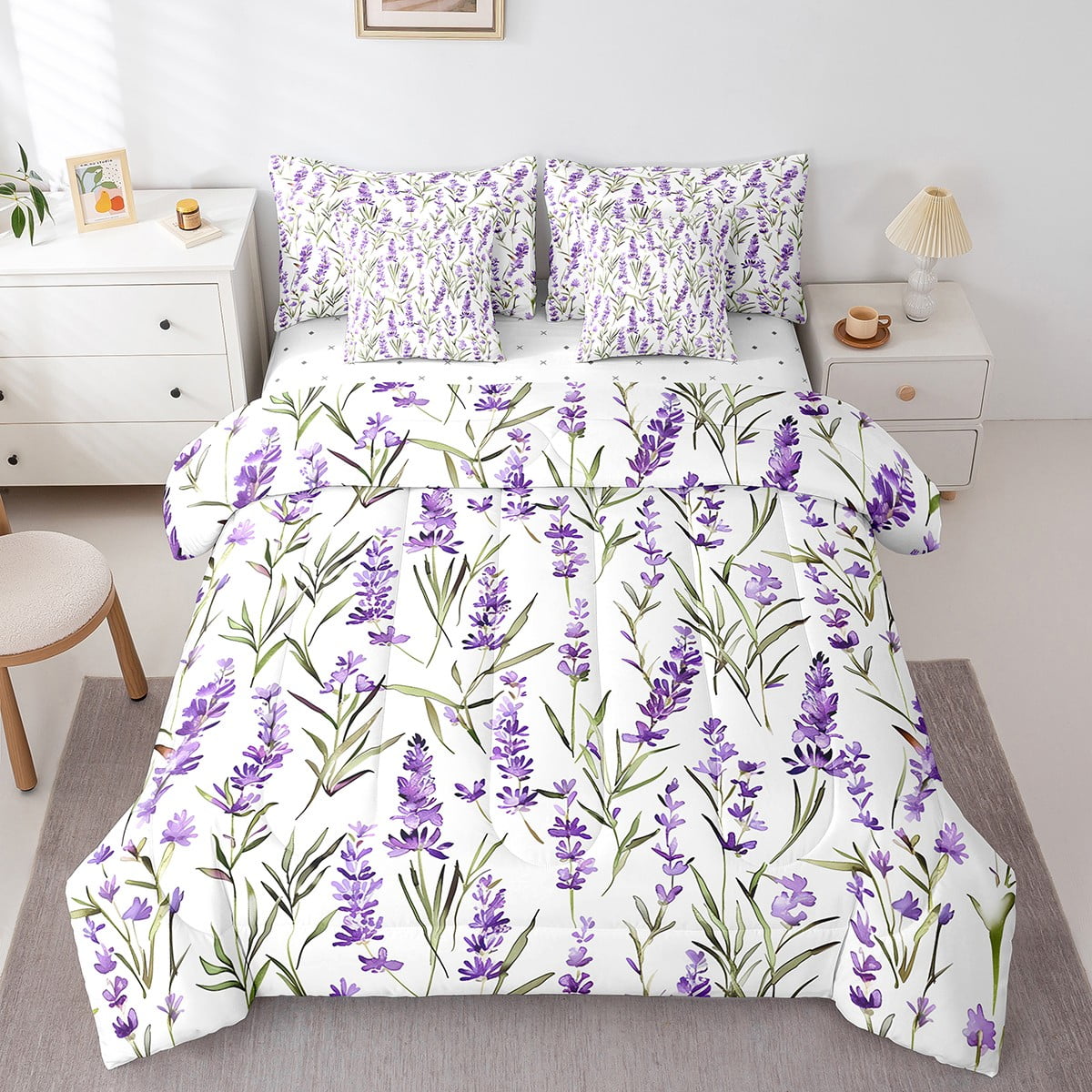 Lavender Comforter Set - 7 Pieces Purple Flower Bedding Sets Full Bed ...