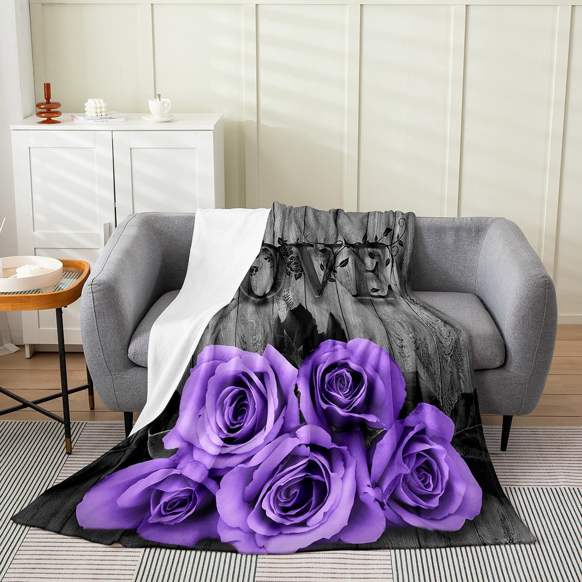 Lavender Rose Throw Blanket Twin 60x80 inch Purple Black Grey Flower ...
