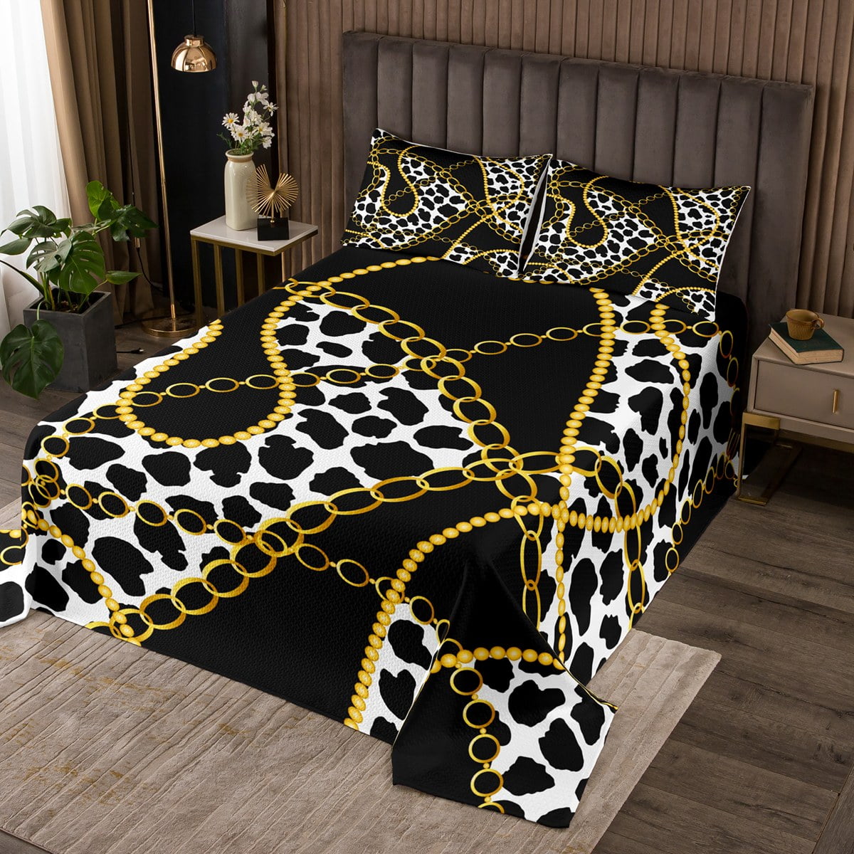 YST Leopard Bedspread Set Cheetah Print Golden Chains Coverlet Set ...
