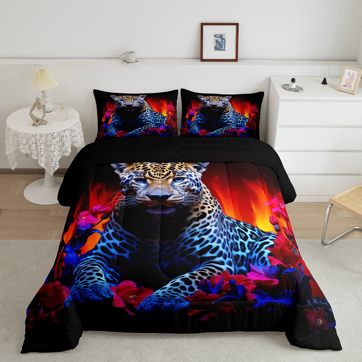 YST Leopard Cheetah Bedding Set King Red Flower Comforter Set,Chic ...
