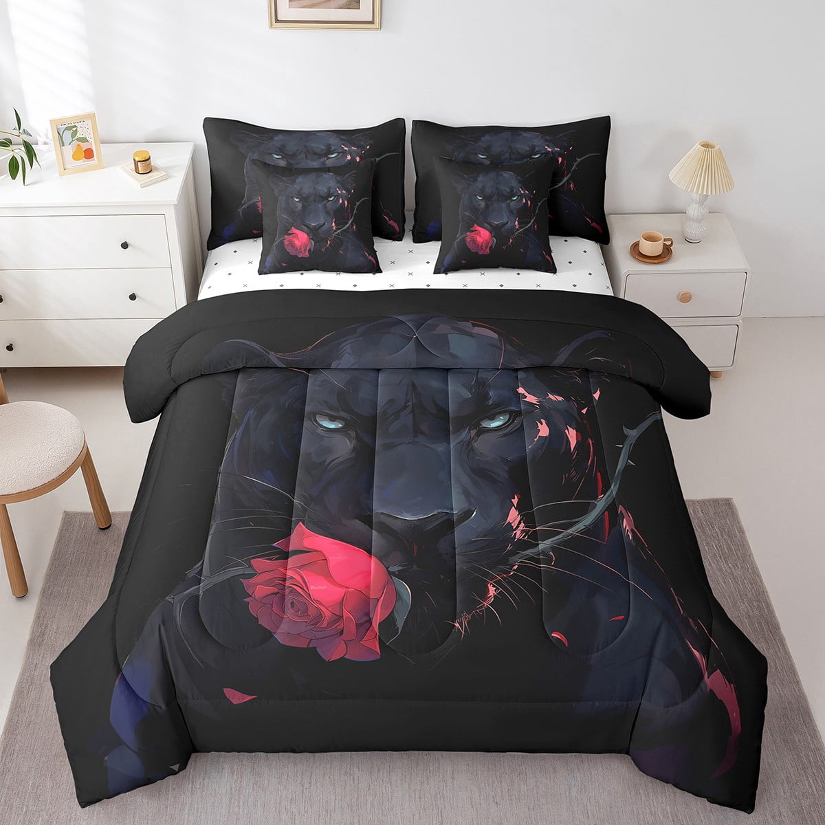Leopard Comforter Set Queen 7 Piece Black Red Rose Floral Bed in a Bag ...