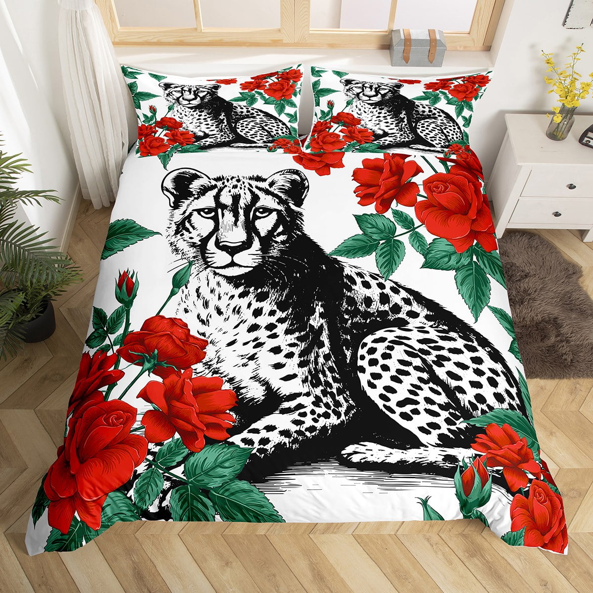 Erosebridal Leopard Duvet Cover,Cheetah Print Bedding Set Queen,Red ...