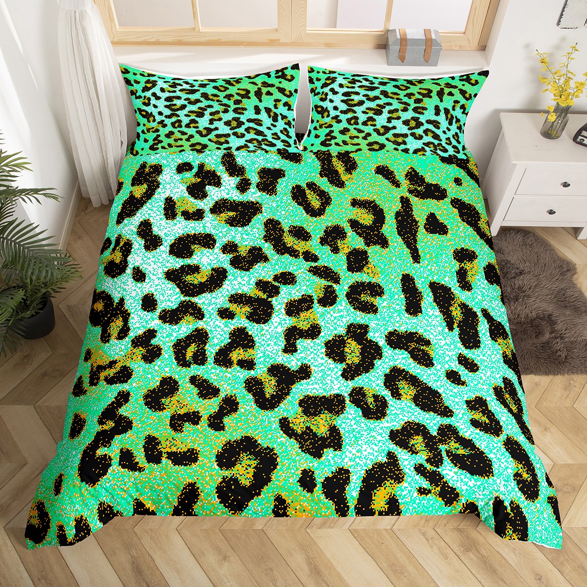 YST Leopard Duvet Cover Queen Green Cheetah Bedding Set For Youth Girly