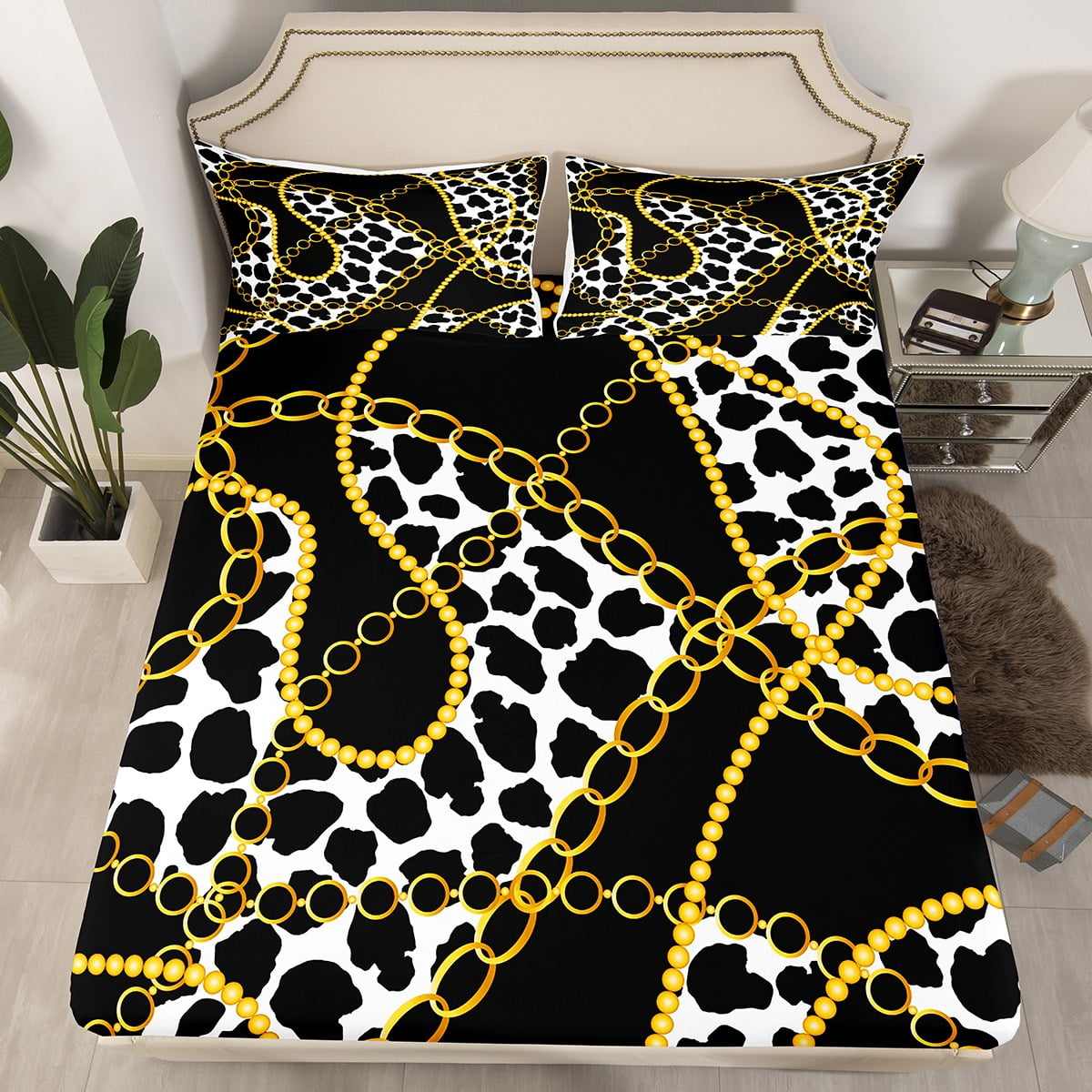 YST Leopard Fitted Sheet Cheetah Print Golden Chains Bed Set Safari ...