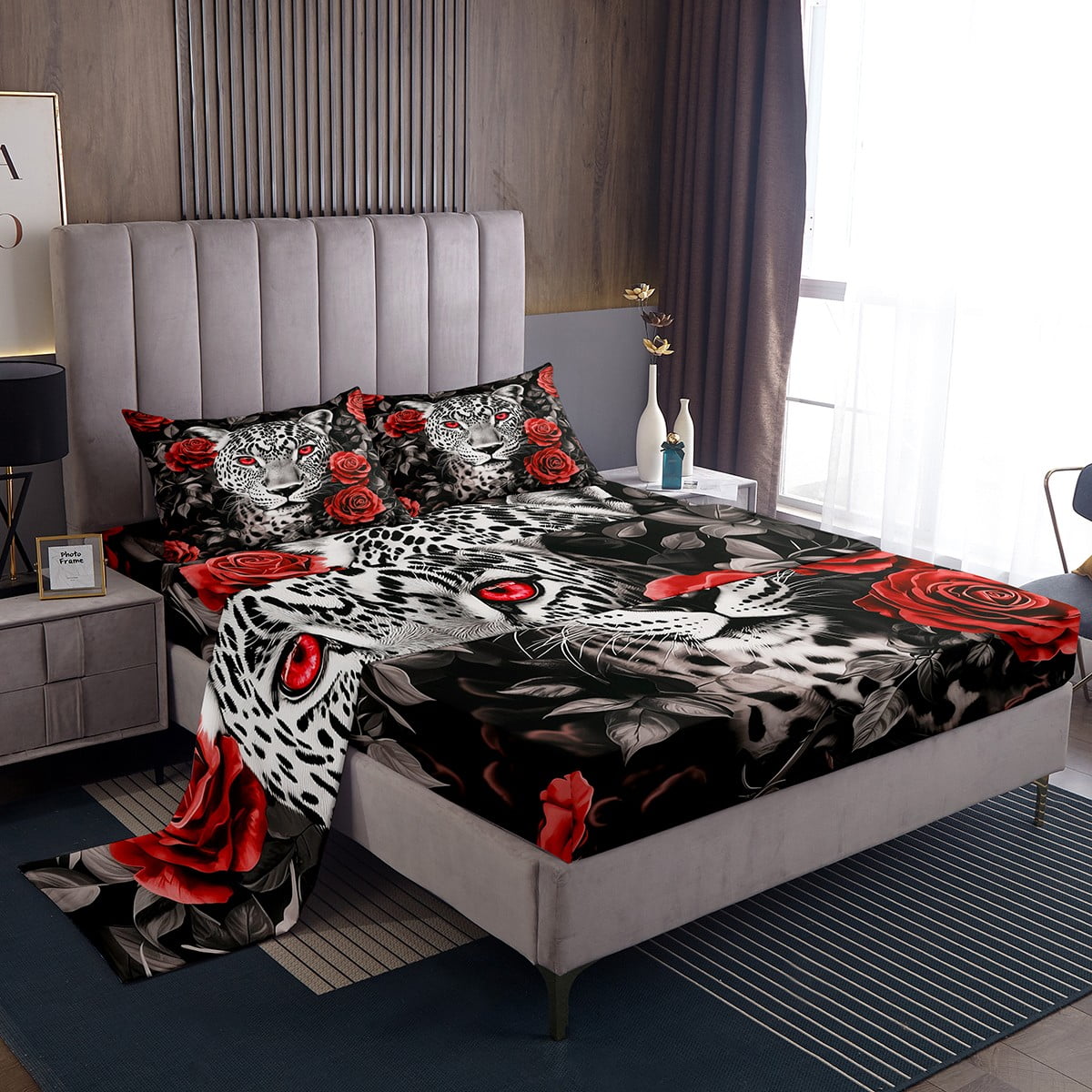 Leopard Sheets Cheetach Bed Sheets Set Red Rose Flower Sheet Set Full ...