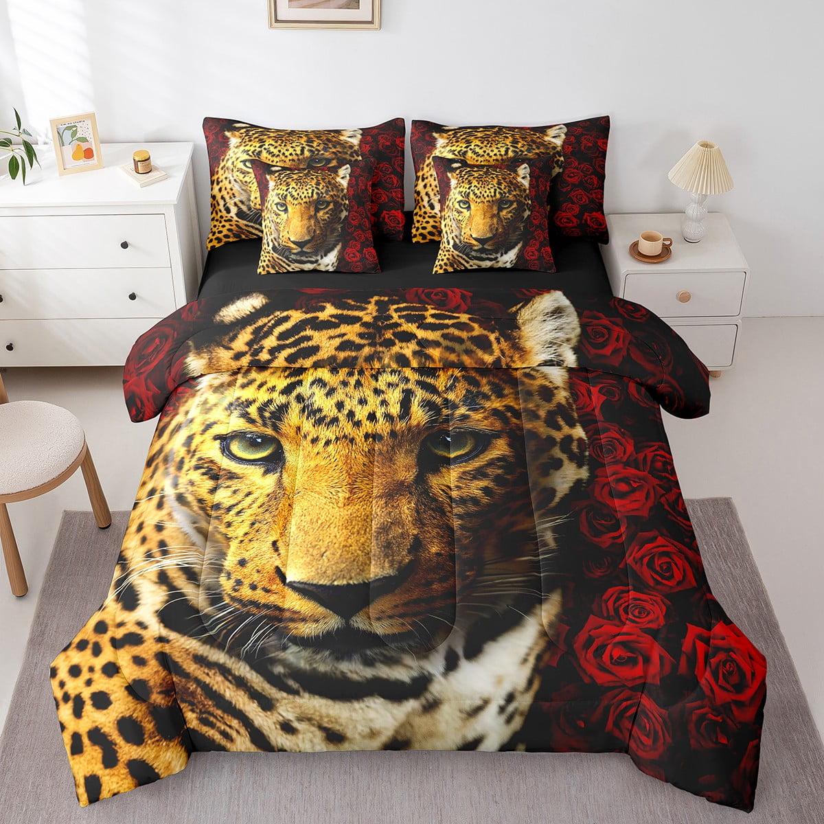 YST Leopard Print Bed In A Bag Full Rose Cheetah Comforter Set 7 Piece ...