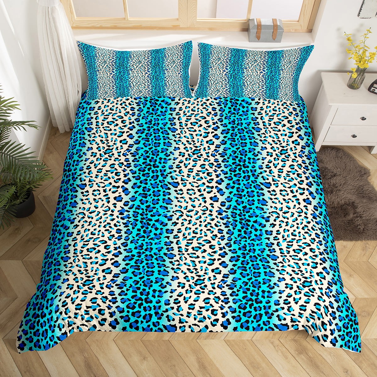 Yst Leopard Print Duvet Cover Queen Blue Cheetah Bedding Set Safari
