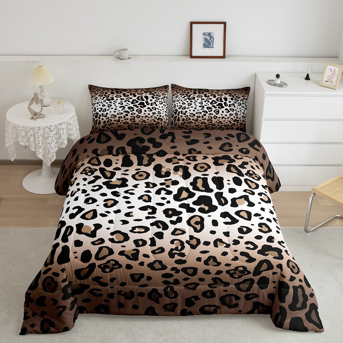 Yst Leopard Print Queen Size Comforter Set Brown Black Leopard Bedding