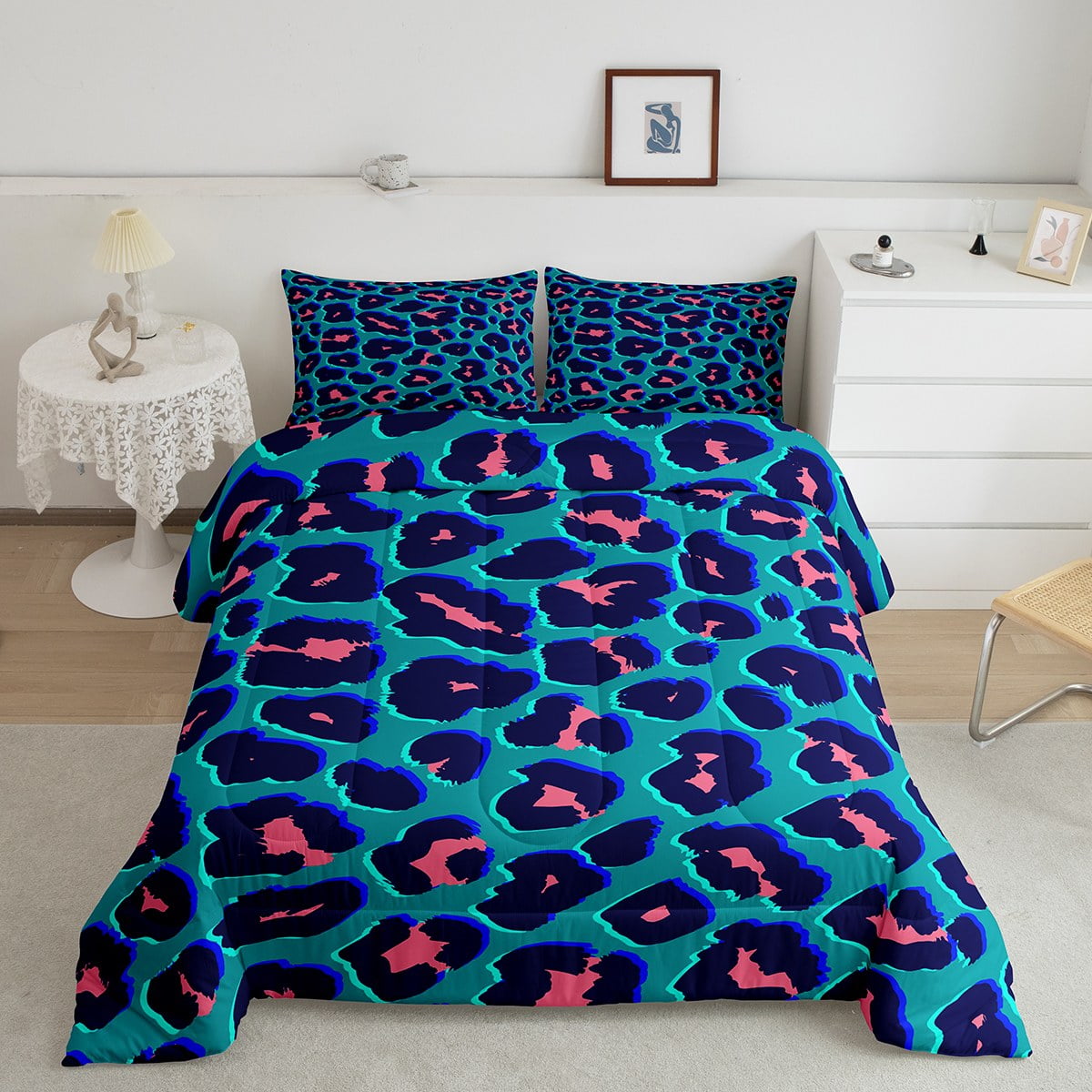 Leopard Print Queen Size Comforter Set,Pink Blue Leopard Bedding for ...