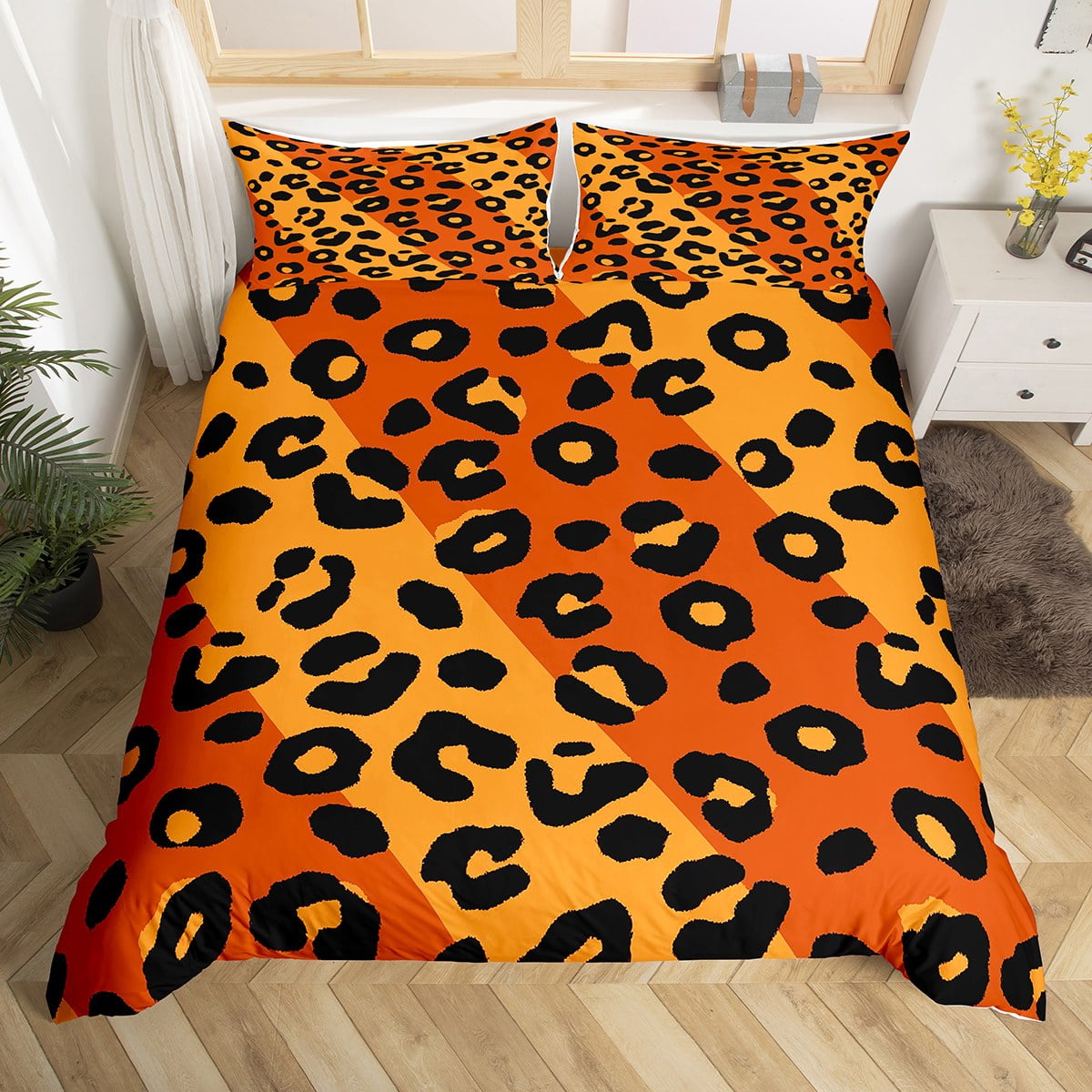 Yst Leopard Print Queen Size Duvet Cover Brown Black Bedding Set For