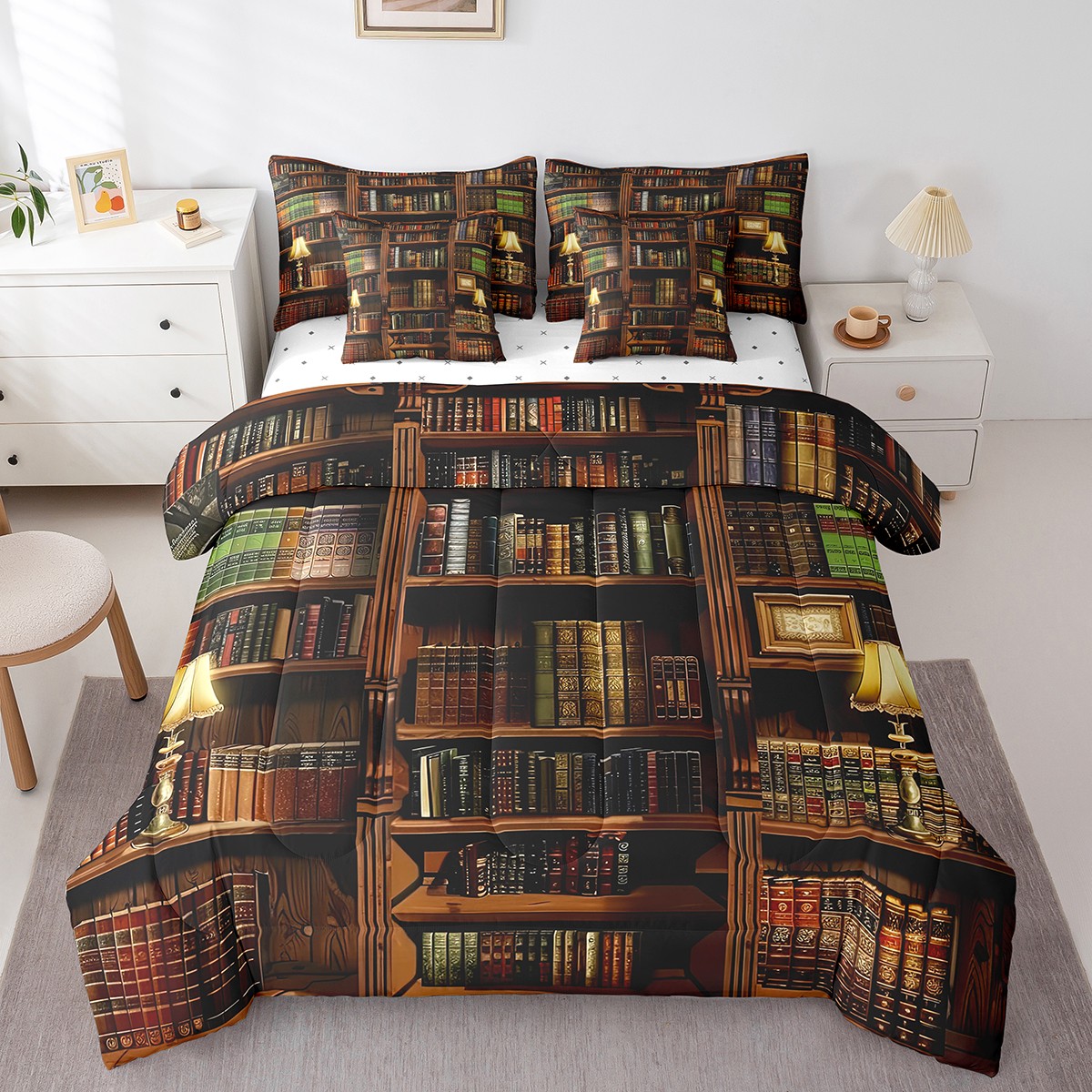 YST Library Bookcase 7 Piece Comforter Set Queen,Vintage Library Books ...
