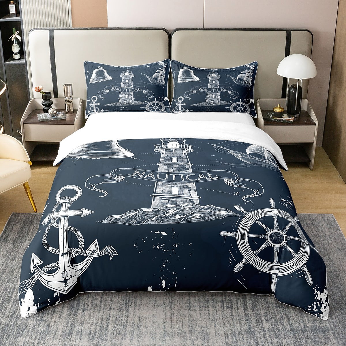 YST Lighthouse 100% Cotton Comforter Cover King Size, Nautical Anchor ...
