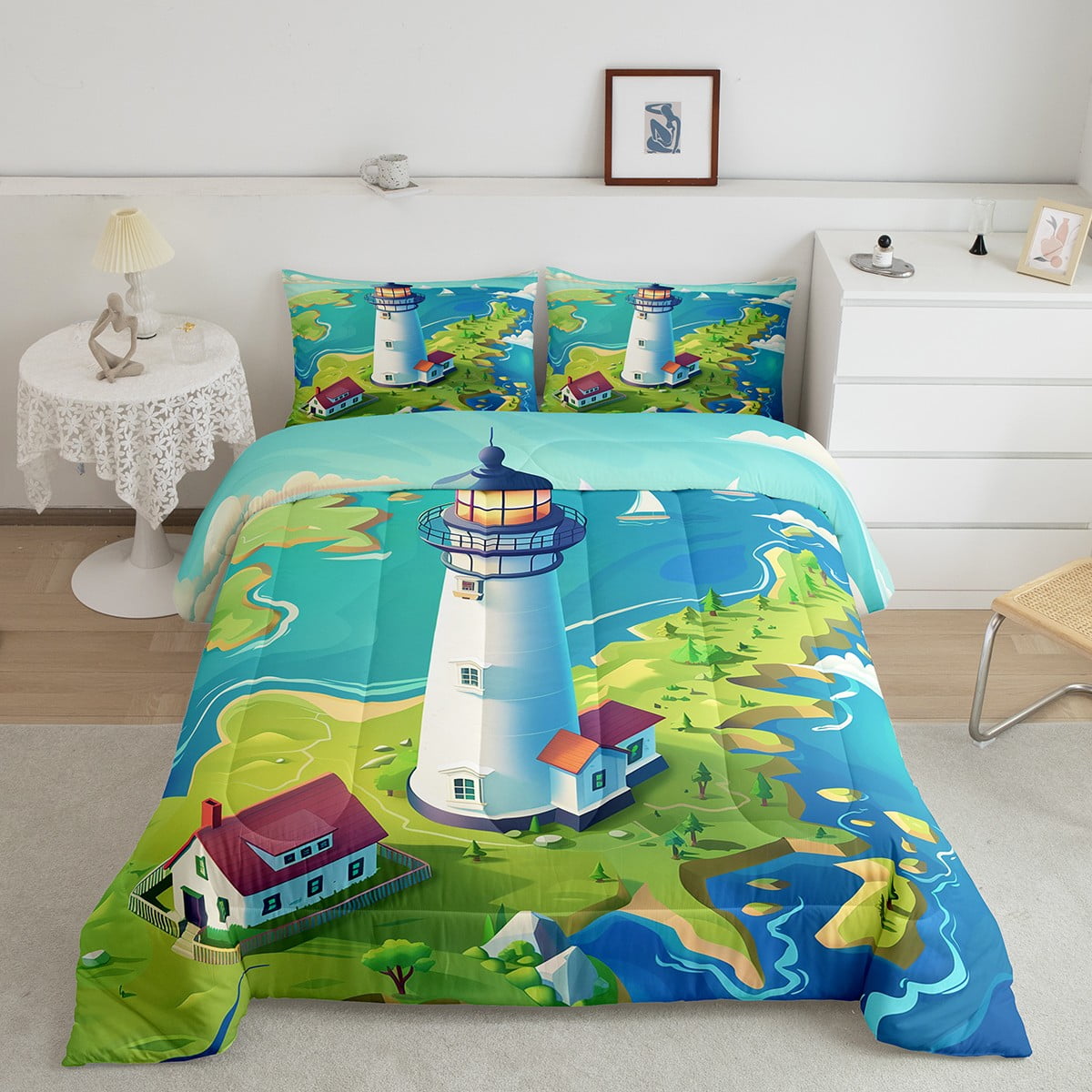 Lighthouse Full Comforter Set Ocean Nautical Bedding Sets,Sailing Boat ...