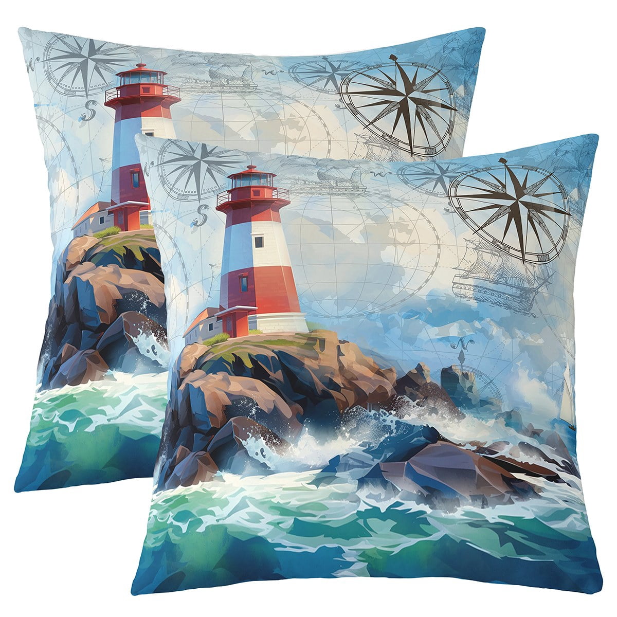 Lighthouse Throw Pillow Covers 20x20 Inch Pack of 2,Watercolor Nautical ...