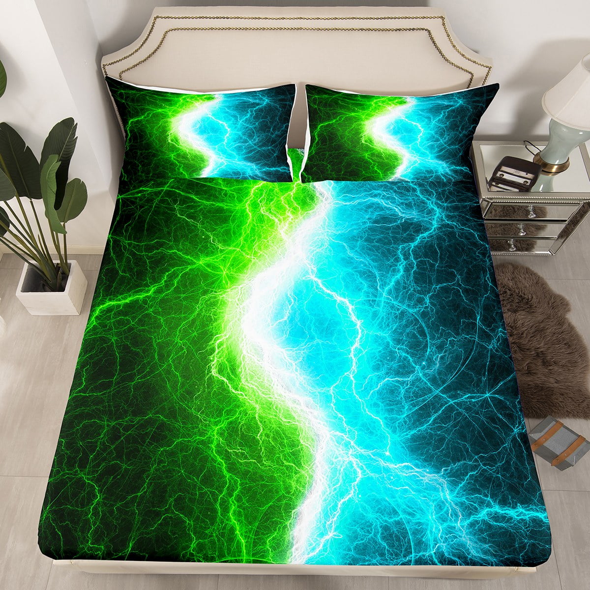 Erosebridal Lightning Fitted Sheet Full Size,Green Teal Abstract ...