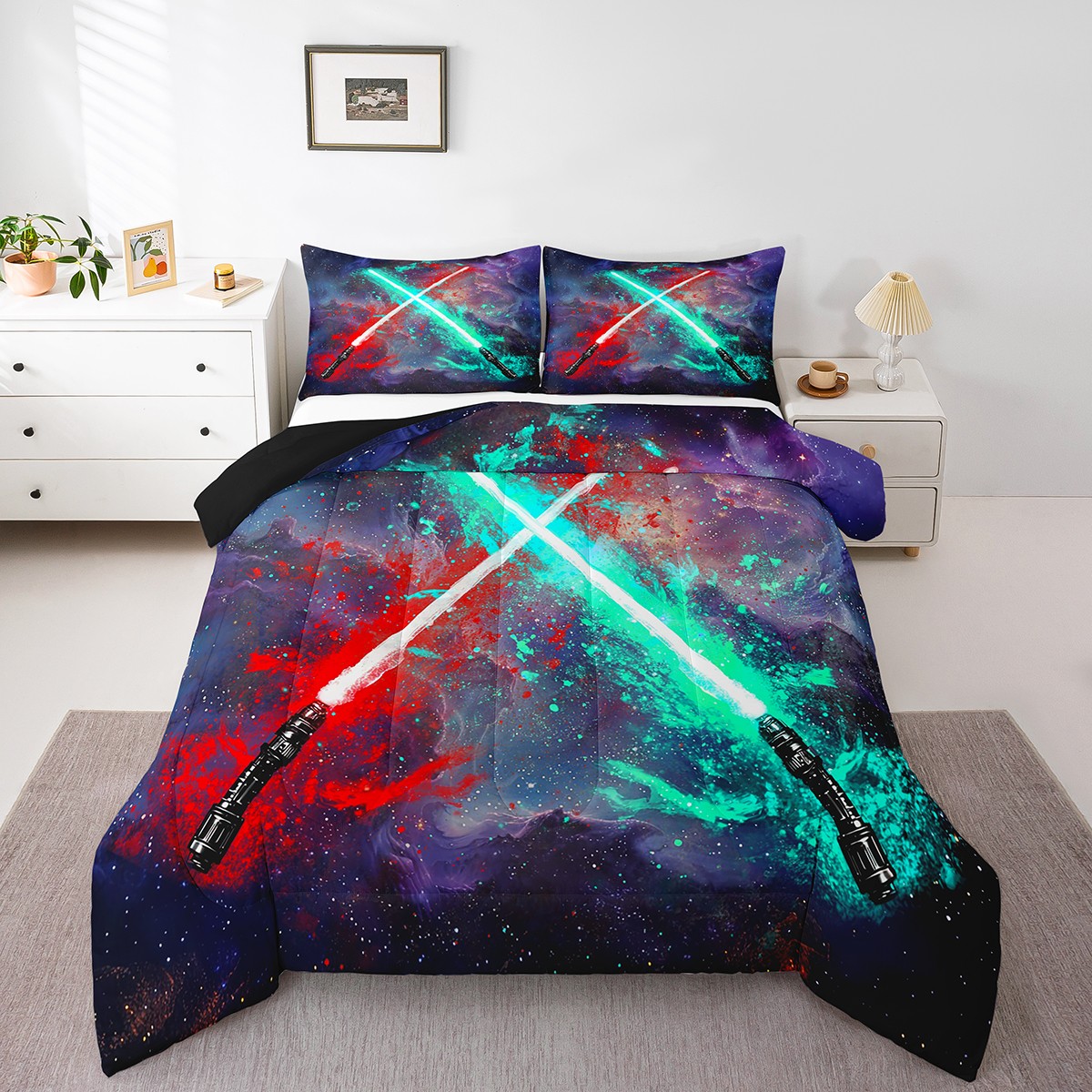 YST Lightsaber Comforter Set King Size, Neon Teal Blue Bedding Set For ...