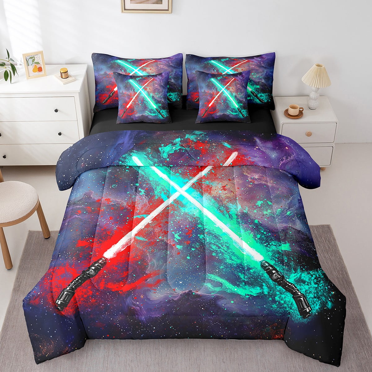 YST Lightsaber Comforter Set With Sheets 7 Piece Twin Size, Neon Teal ...