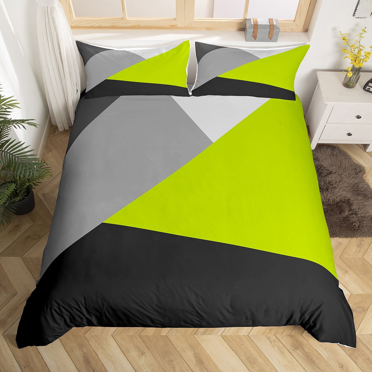 YST Lime Green Black Grey Bedding Set Geometric Triangle Duvet Cover ...