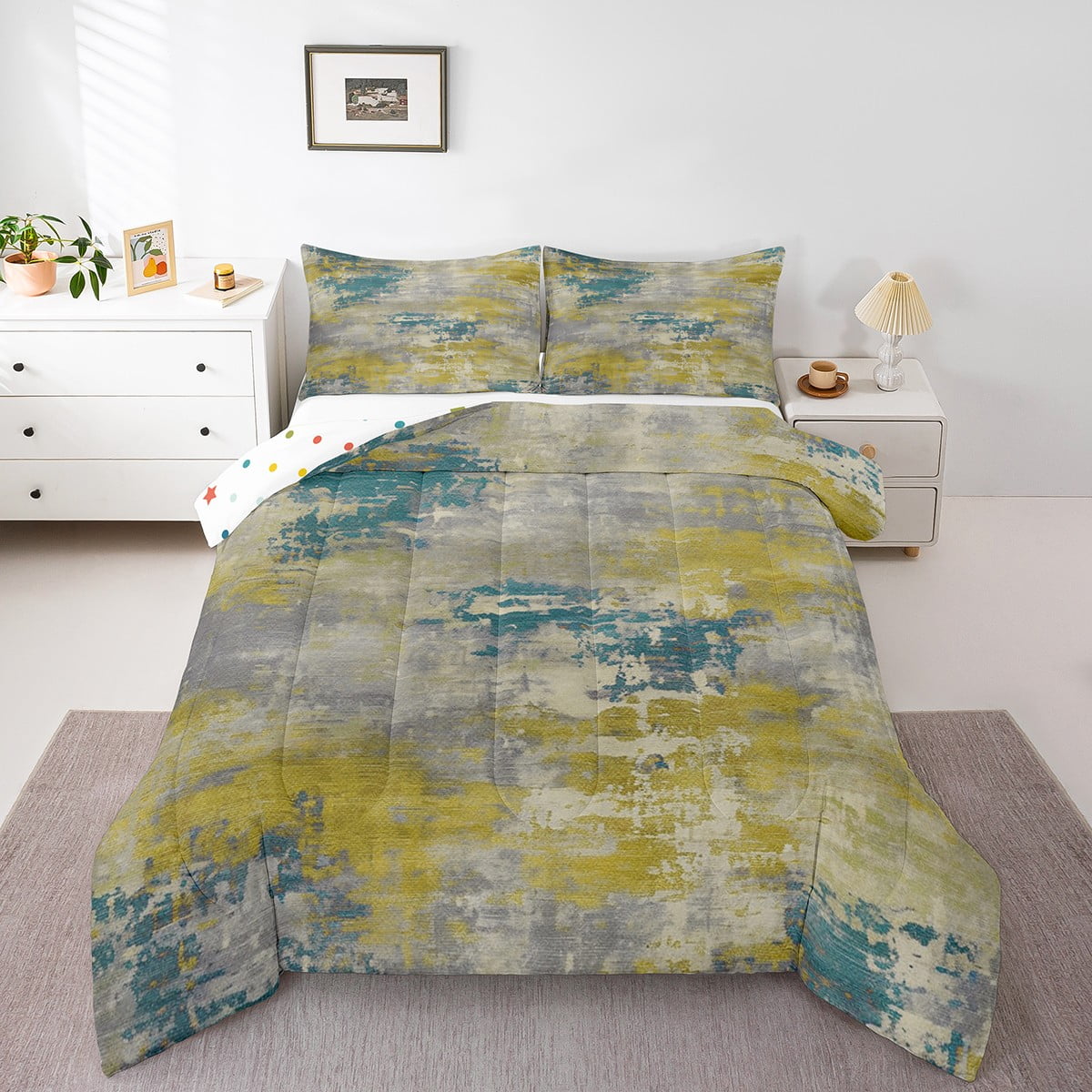 Lime Green and Blue Watercolor Comforter Set,Modern Abstract Bedding ...