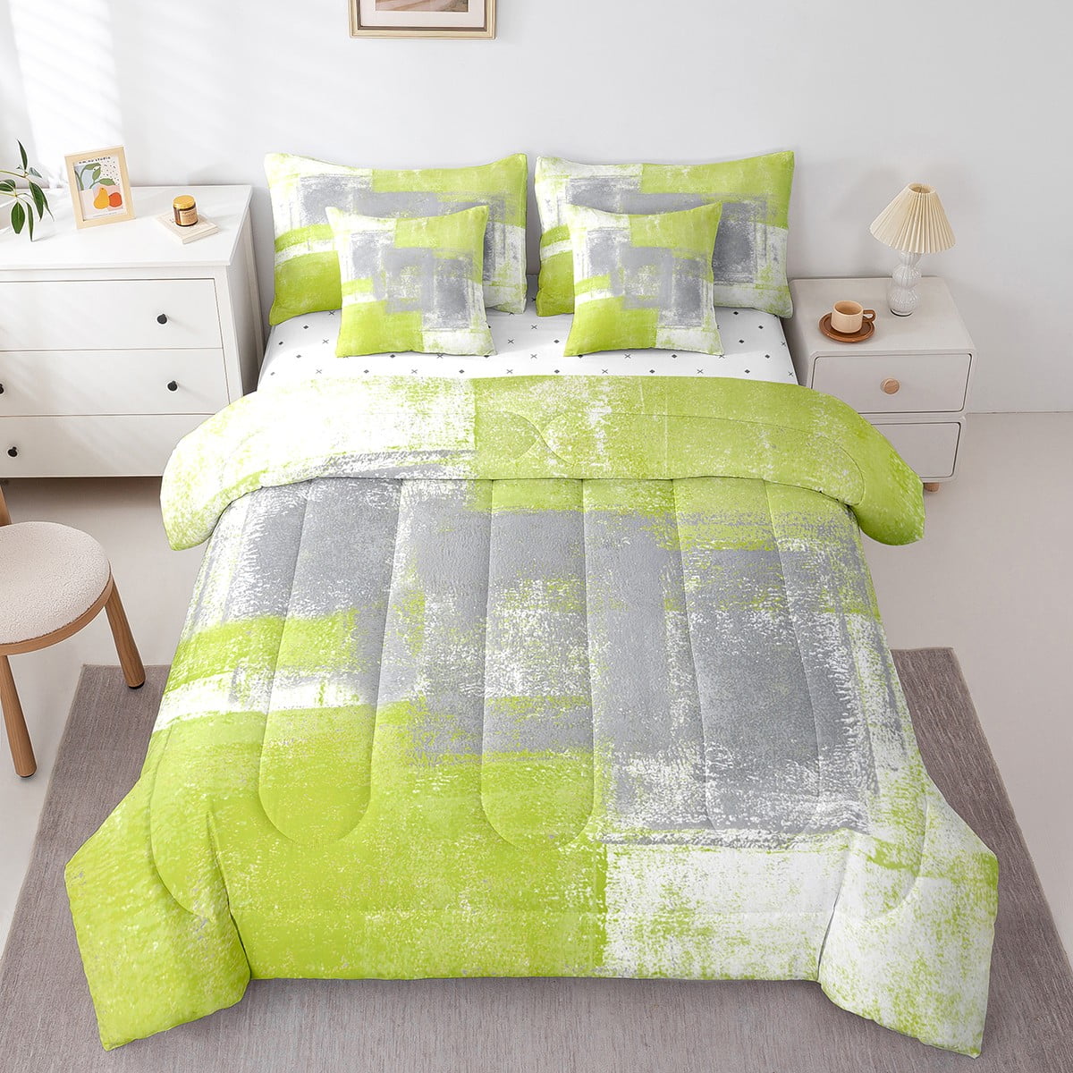 Lime Green Gray Comforter Set,Full Bed in A Bag ,Modern Ombre Bedding ...