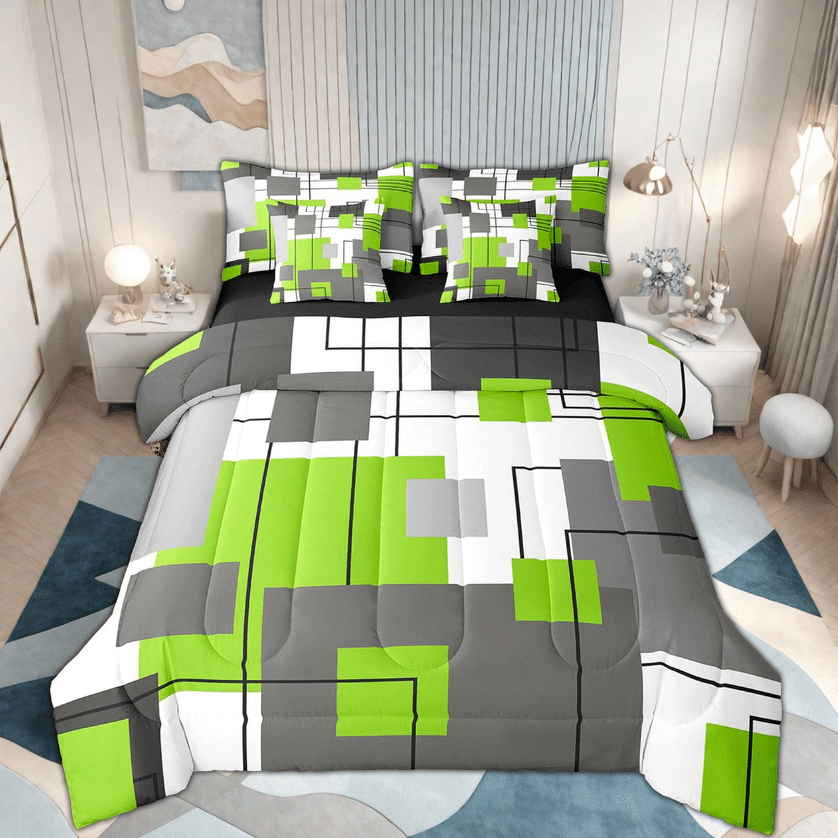 YST Lime Green Gray Geometric Comforter Set 7 Piece Queen Black Grey ...